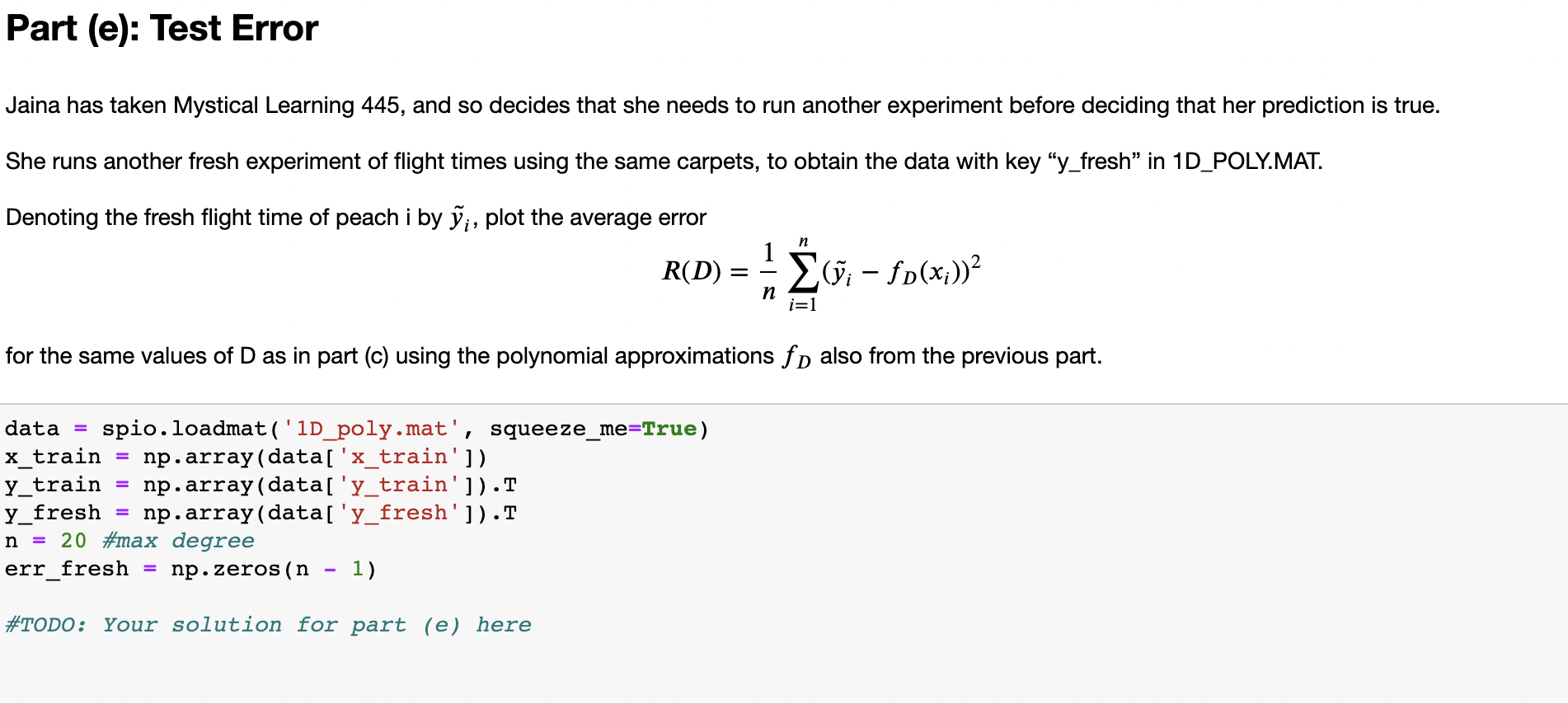 Part (e): Test Error Jaina has taken Mystical | Chegg.com