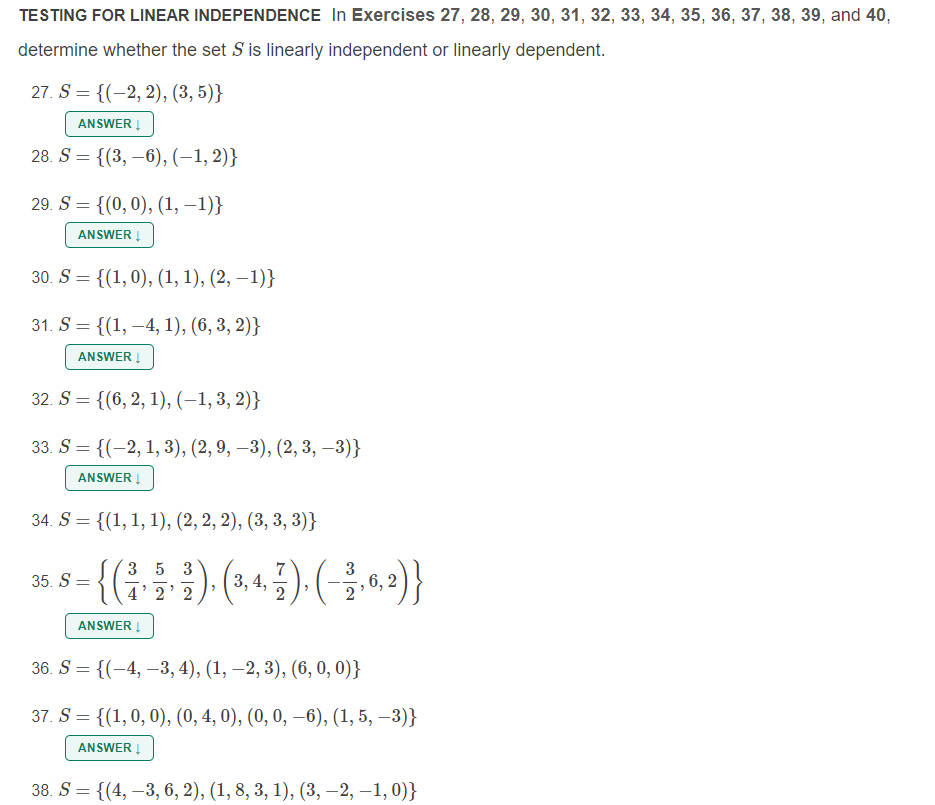 Solved TESTING FOR LINEAR INDEPENDENCE In Exercises 27, 28, | Chegg.com