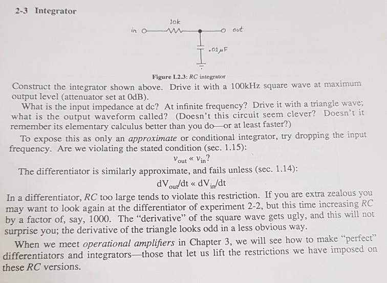 Solved 2-3 Integrator lok Ο ου Figure L2.3: RC integrator | Chegg.com