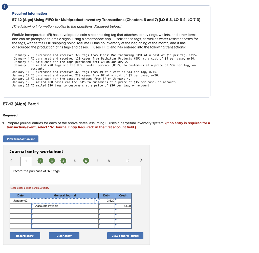 Solved Required information E7-12 (Algo) Using FIFO for | Chegg.com