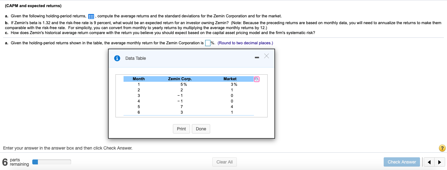 Solved (CAPM and expected returns) a. Given the following | Chegg.com