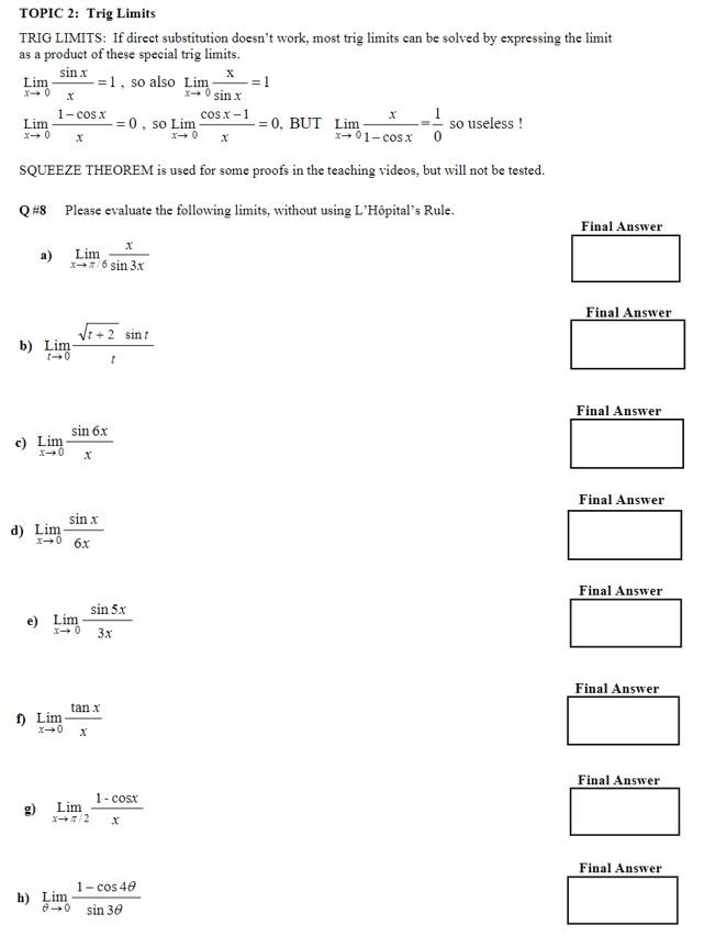 Solved TOPIC 2: Trig Limits TRIG LIMITS: If direct | Chegg.com