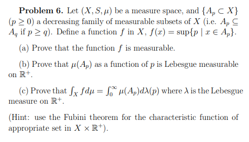 Solved Problem 6. Let (X,S,μ) be a measure space, and {Ap⊂X} | Chegg.com