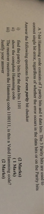 Solved A 7-bit Hamming code consists of 3 parity bits and 4 | Chegg.com