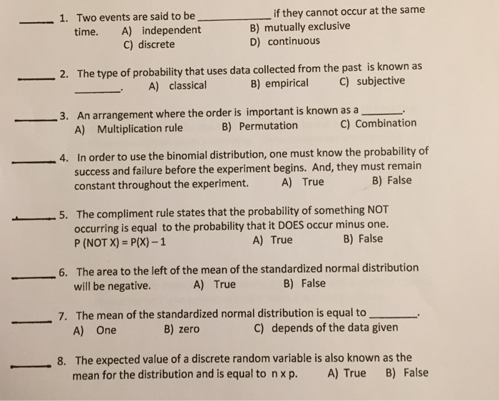 Solved Two events are said to be_____ if they cannot occur | Chegg.com