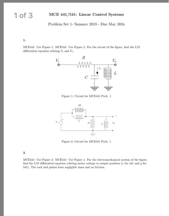 Solved 1 of 3 MCE 441/541: Linear Control Systems Problem | Chegg.com