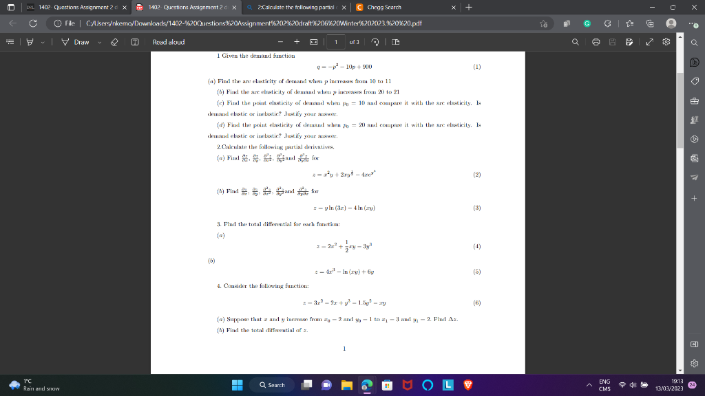 Solved 1 Given the demand function q=−ρ2−10p+900 (a) Find | Chegg.com