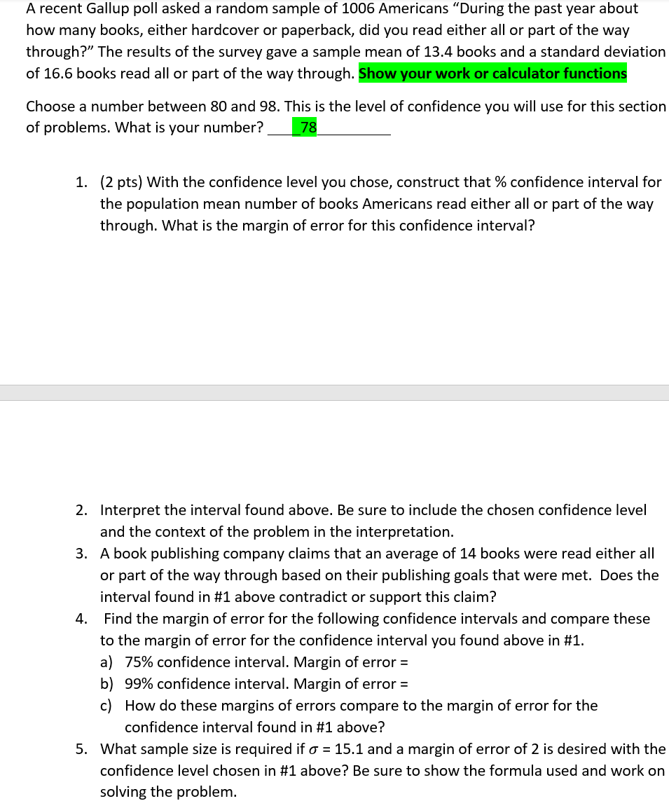 Solved A recent Gallup poll asked a random sample of 1006 | Chegg.com