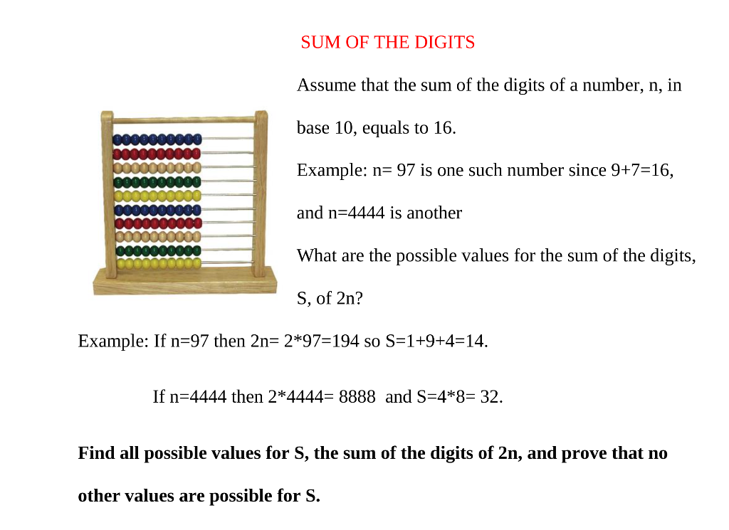 SUM OF THE DIGITS Assume that the sum of the digits | Chegg.com
