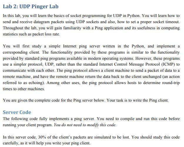 Solved Lab 2: UDP Pinger Lab In this lab, you will learn the | Chegg.com