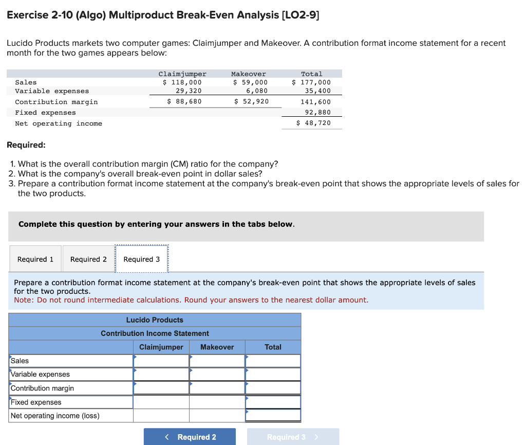 Solved Exercise 2-10 (Algo) Multiproduct Break-Even Analysis | Chegg.com