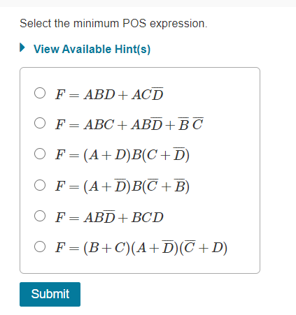Solved Select the minimum SOP expression. View Available | Chegg.com