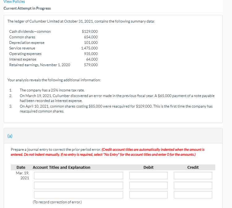 Solved View Policies Current Attempt in Progress The ledger | Chegg.com