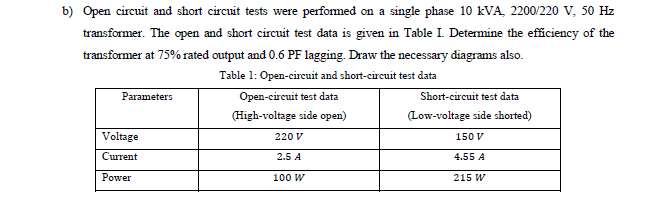 Solved b) Open circuit and short circuit tests were | Chegg.com