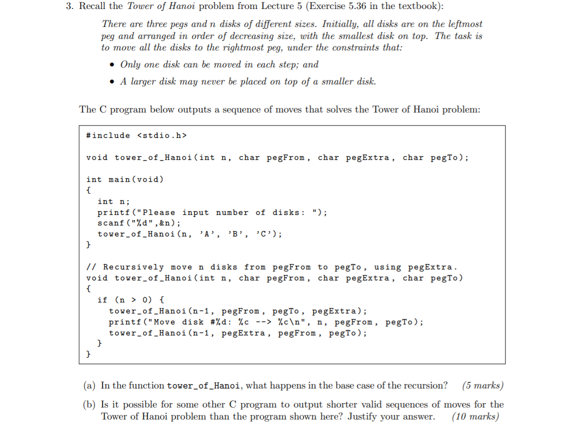 Solved 3. Recall the Tower of Hanoi problem from Lecture 5 | Chegg.com