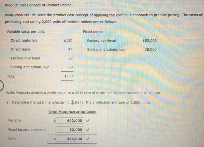 Solved Product Cost Concept of Product Pricing Willis | Chegg.com