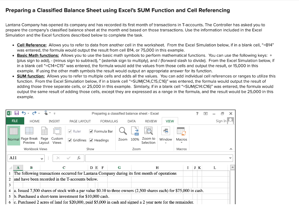 Solved Preparing a Classified Balance Sheet using Excel's | Chegg.com