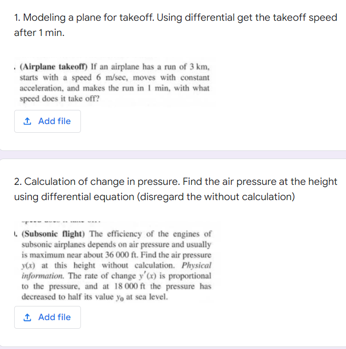 Solved 1. Modeling a plane for takeoff. Using differential | Chegg.com