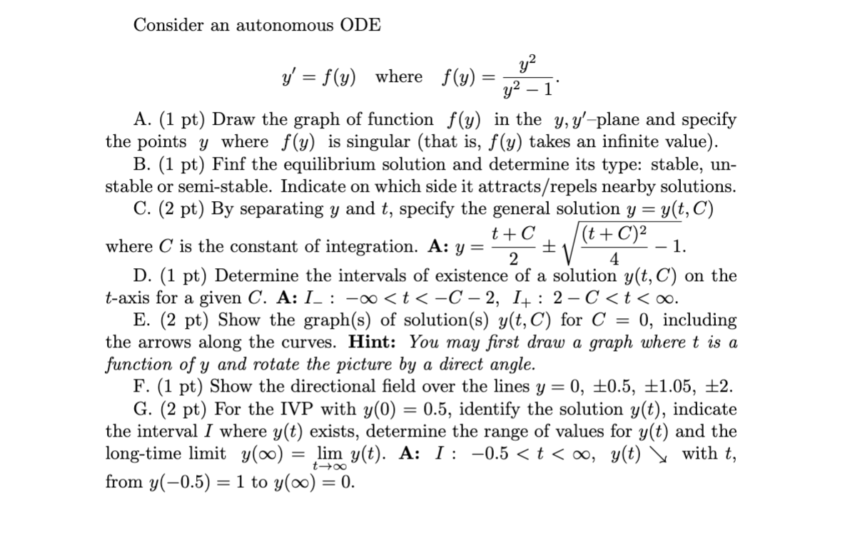 Solved Consider an autonomous ODE V 4 --1. y} = f(y) where | Chegg.com