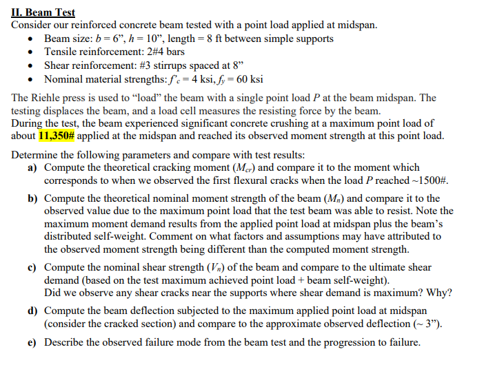 Solved II. Beam Test Consider our reinforced concrete beam | Chegg.com