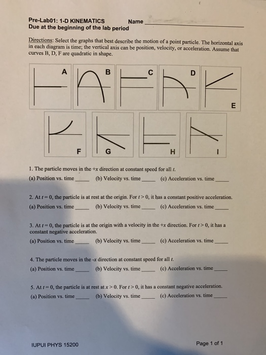 Solved Pre-Lab01: 1-D KINEMATICS Due at the beginning of the | Chegg.com