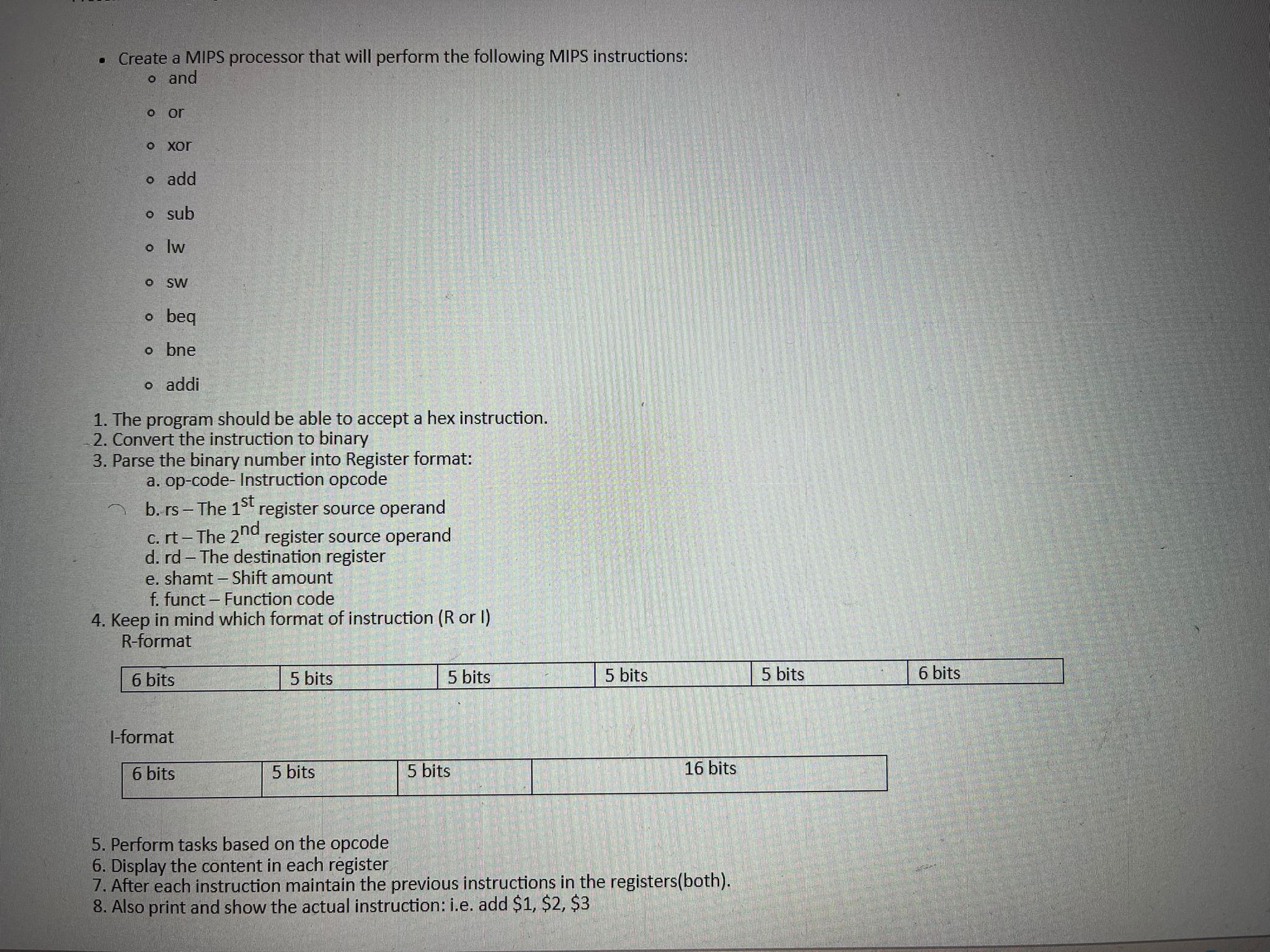 Solved - Create a MIPS processor that will perform the | Chegg.com