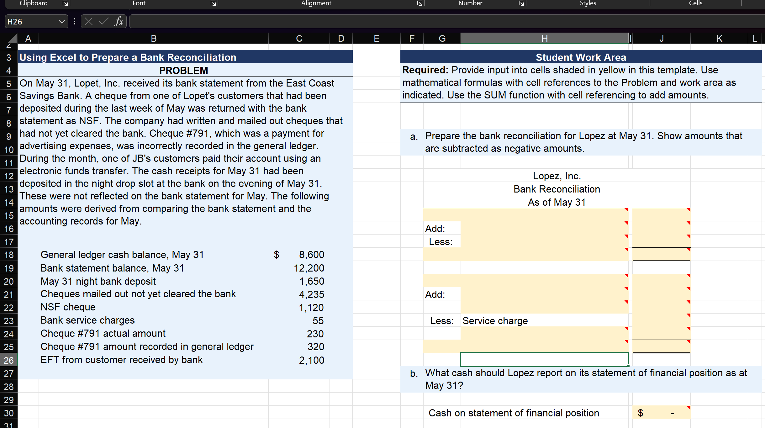 Solved Using Excel to Prepare a Bank Reconciliation PROBLEM | Chegg.com