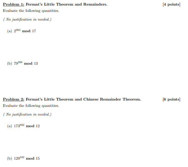 Solved [4 points] Problem 1: Fermat's Little Theorem and | Chegg.com