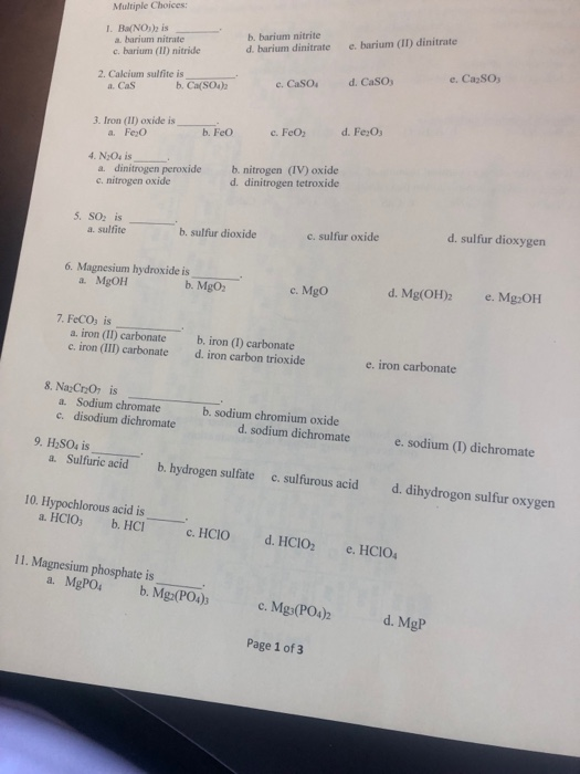 Solved Multiple Choices: b. barium nitrite d. barium | Chegg.com