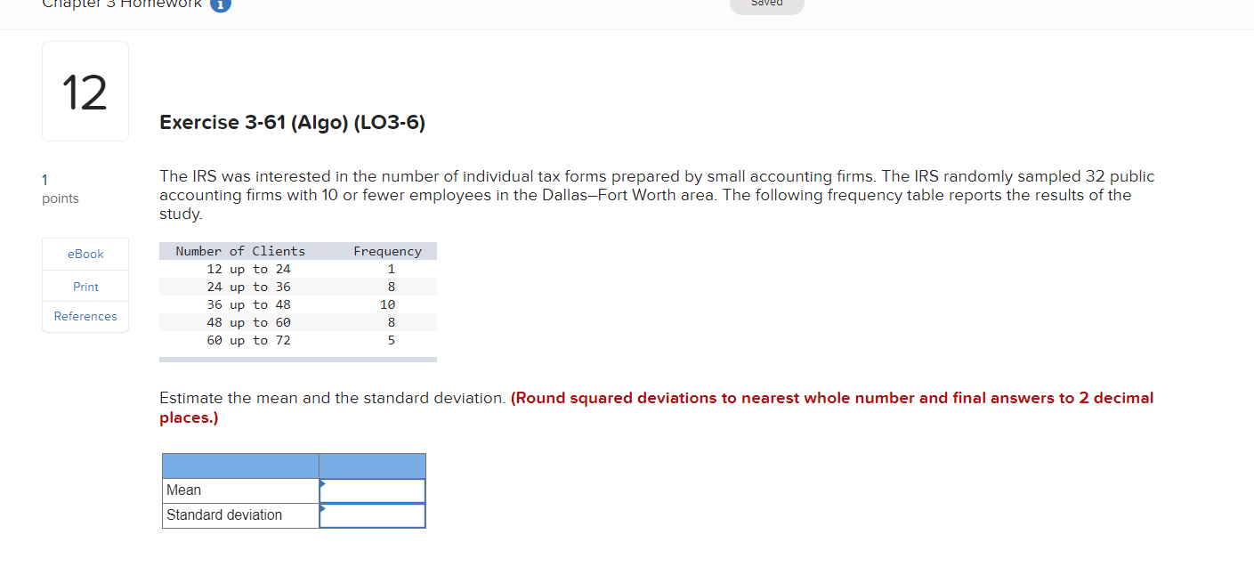 Solved Chapter 3 Homework saved 12 Exercise 3-61 (Algo) | Chegg.com