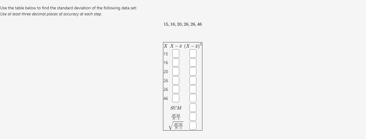 Solved Use The Table Below To Find The Standard Deviation Of 