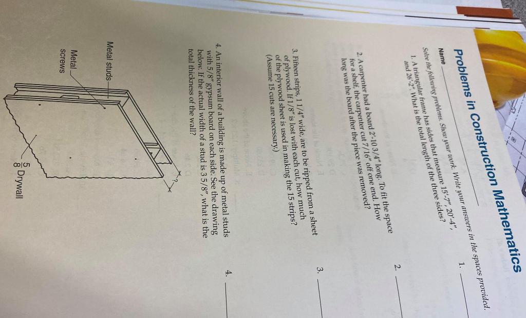 Solved Problems in Construction Mathematics Name Solve the | Chegg.com