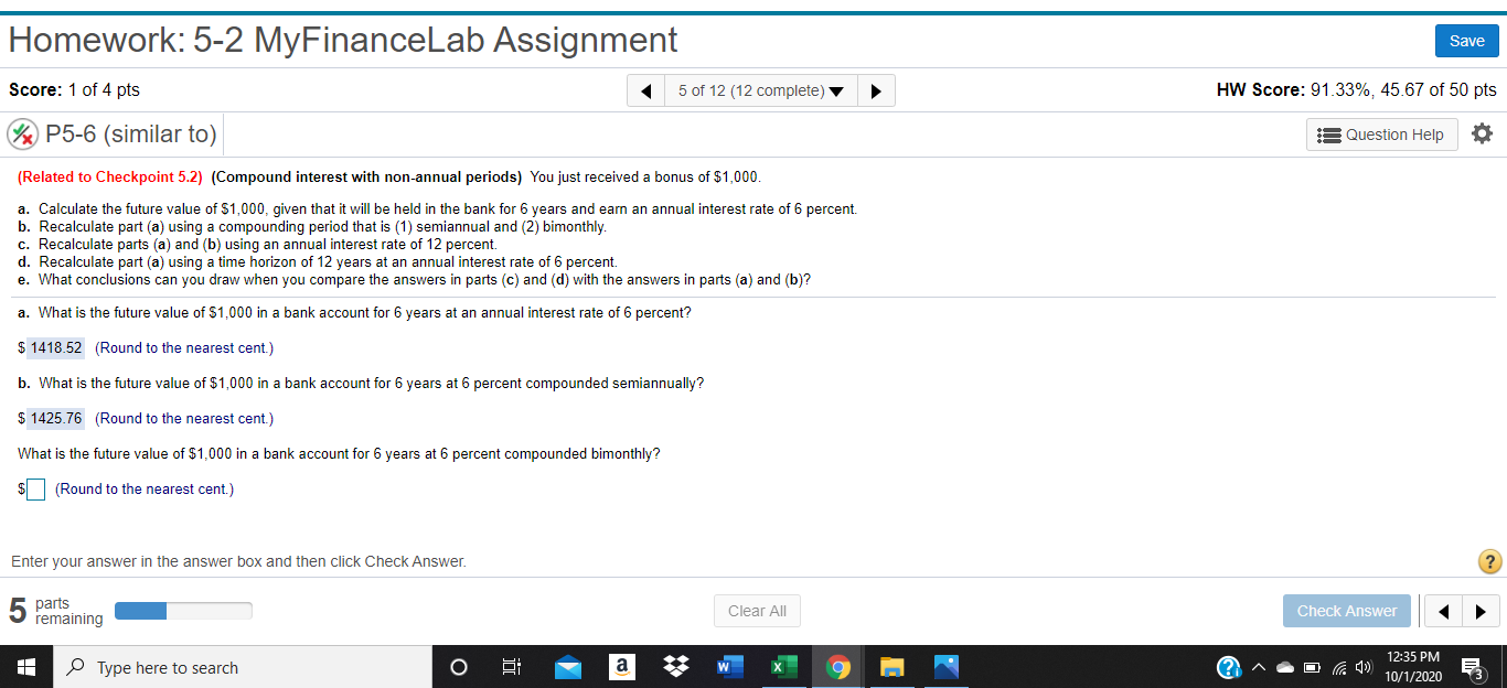 Solved Homework: 5-2 MyFinanceLab Assignment Save Score: 1 | Chegg.com