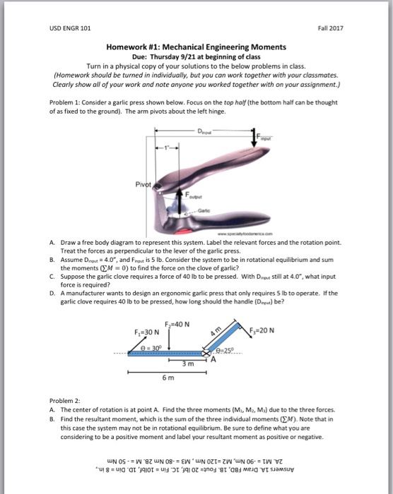 Solved USD ENGR 101 Fall 2017 Homework # 1: Mechanical | Chegg.com
