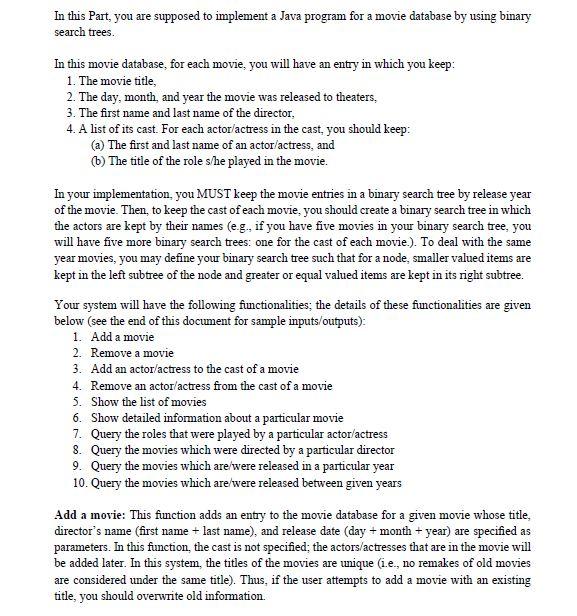 Solved In this part, you are supposed to implement a Java | Chegg.com