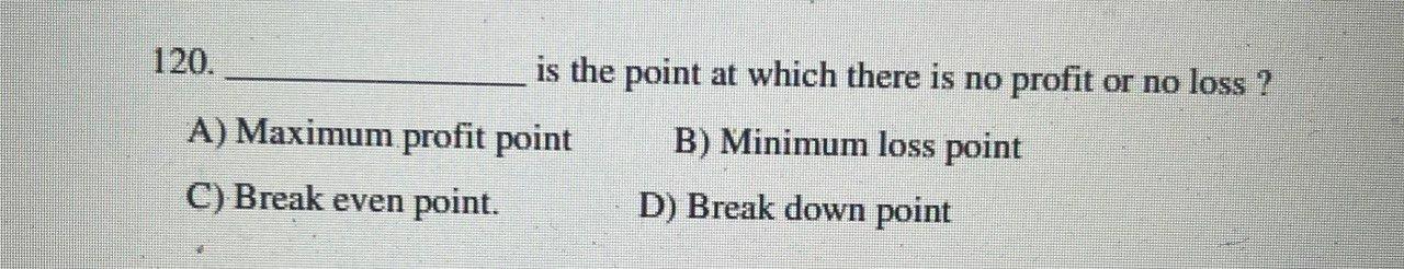 Solved 120. is the point at which there is no profit or no | Chegg.com