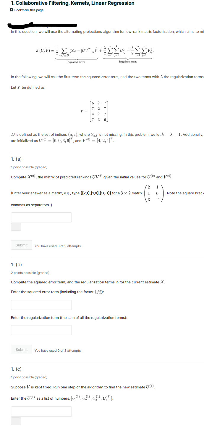 Solved 1. Collaborative Filtering, Kernels, Linear | Chegg.com