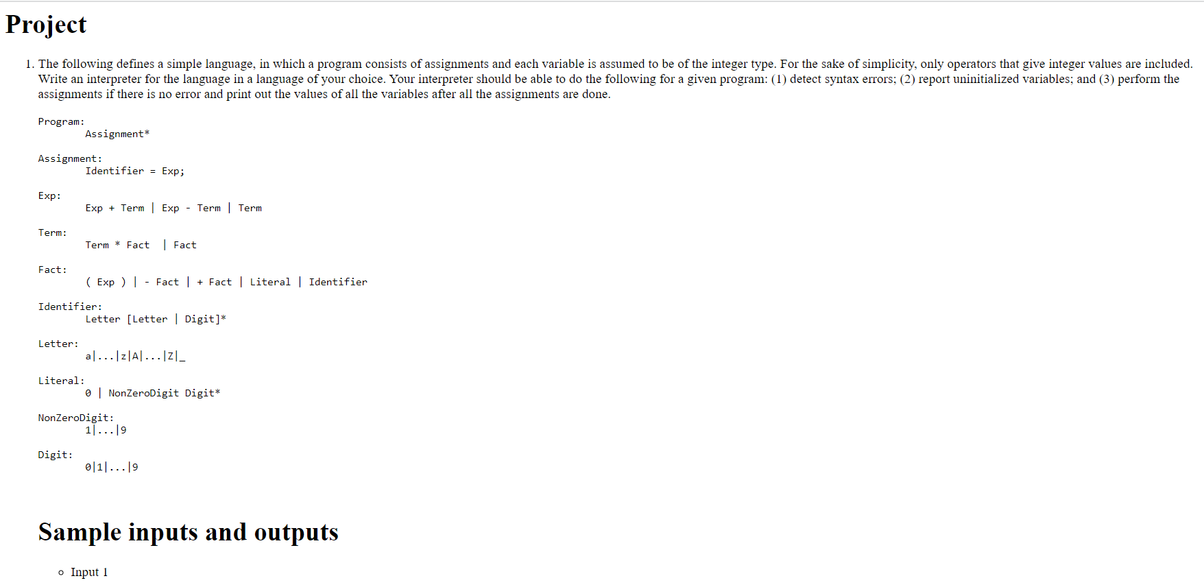 Solved Project 1. The following defines a simple language, | Chegg.com