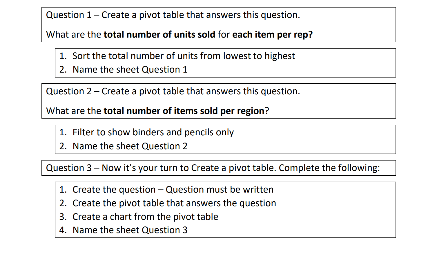 Solved Question 1 - Create a pivot table that answers | Chegg.com