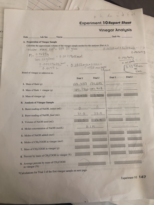 Solved Experiment 10 Report Sheet Vinegar Analysis Date Lob | Chegg.com
