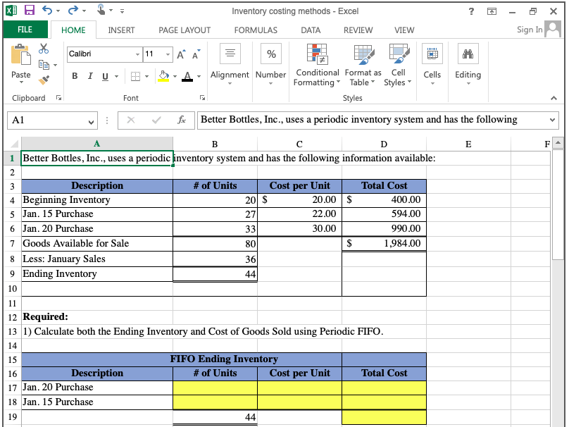 Solved Inventory Costing Methods using Excel's SUM and Basic | Chegg.com
