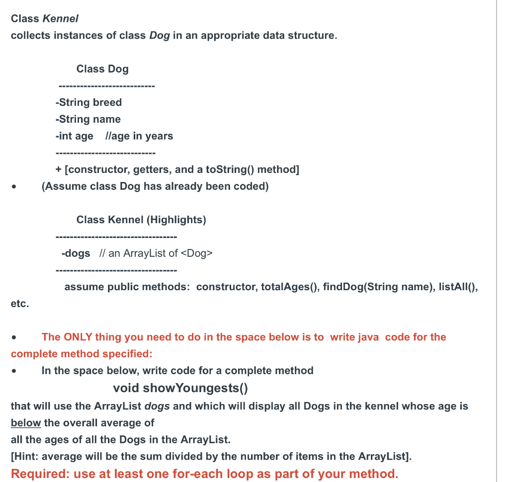 Solved Class Kennel collects instances of class Dog in an | Chegg.com