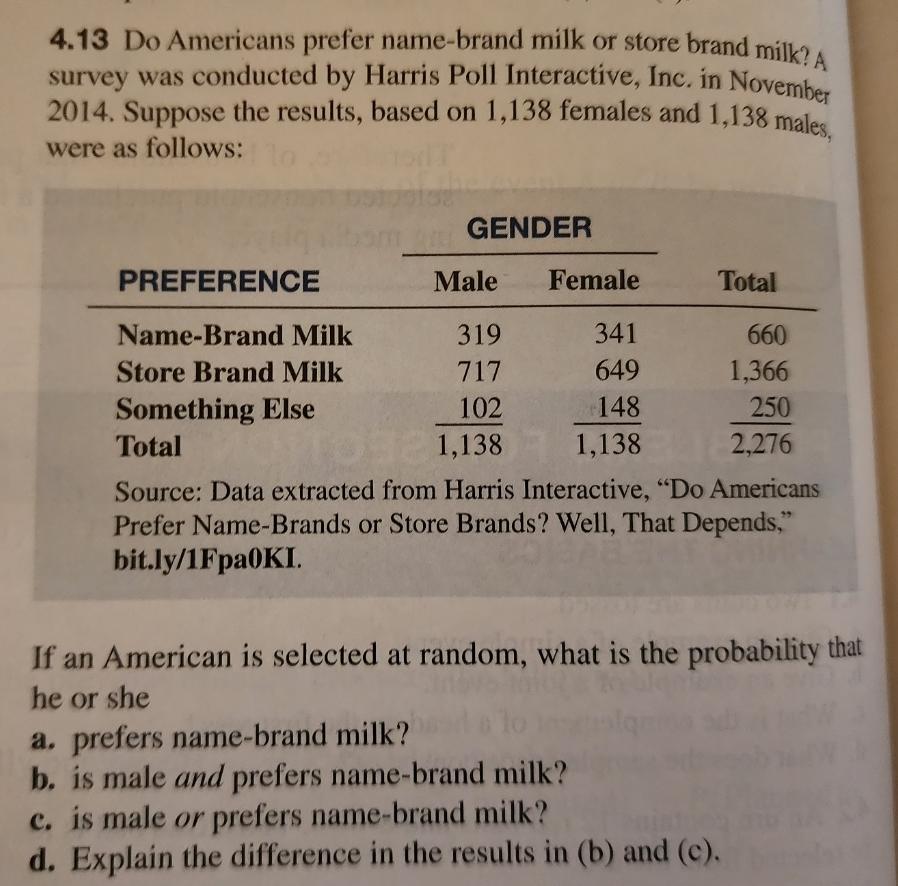 Solved 4.13 Do Americans prefer name-brand milk or store | Chegg.com