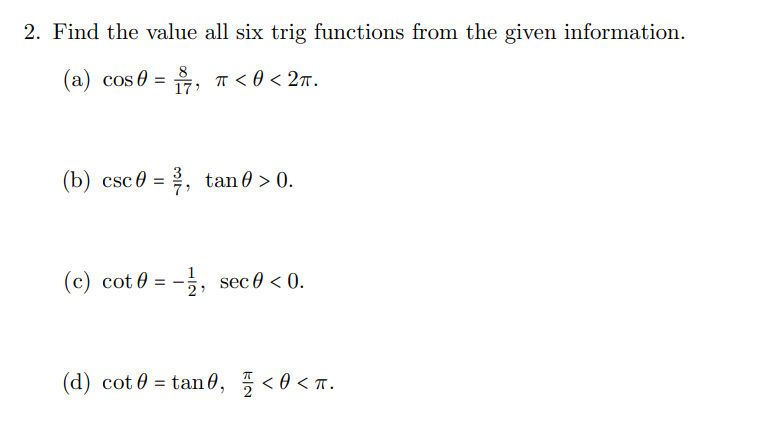 Solved 2. Find the value all six trig functions from the | Chegg.com