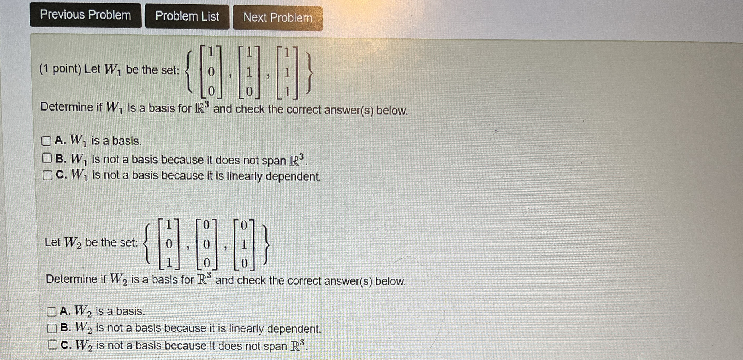 Solved (1 point) Let \\( W_{1} \\) be the set: \\( | Chegg.com