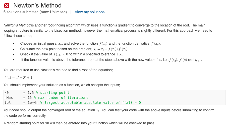 Solved X Newton's Method 6 solutions submitted (max: | Chegg.com