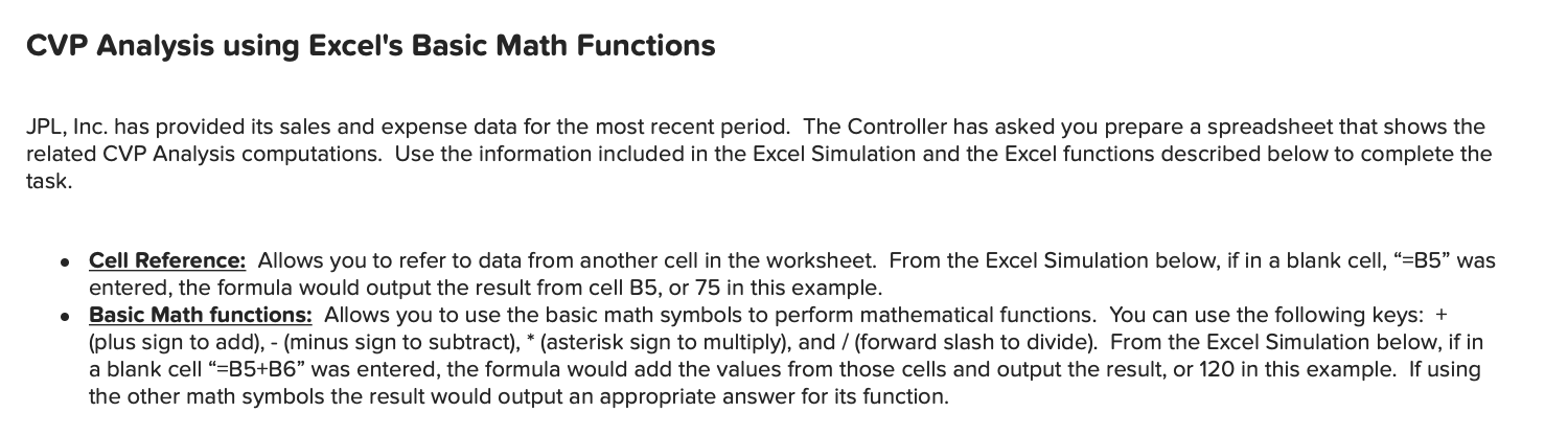 Solved Cvp Analysis Using Excels Basic Math Functions Jpl