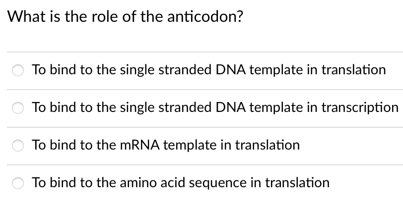 Solved What is the role of the anticodon? To bind to the | Chegg.com