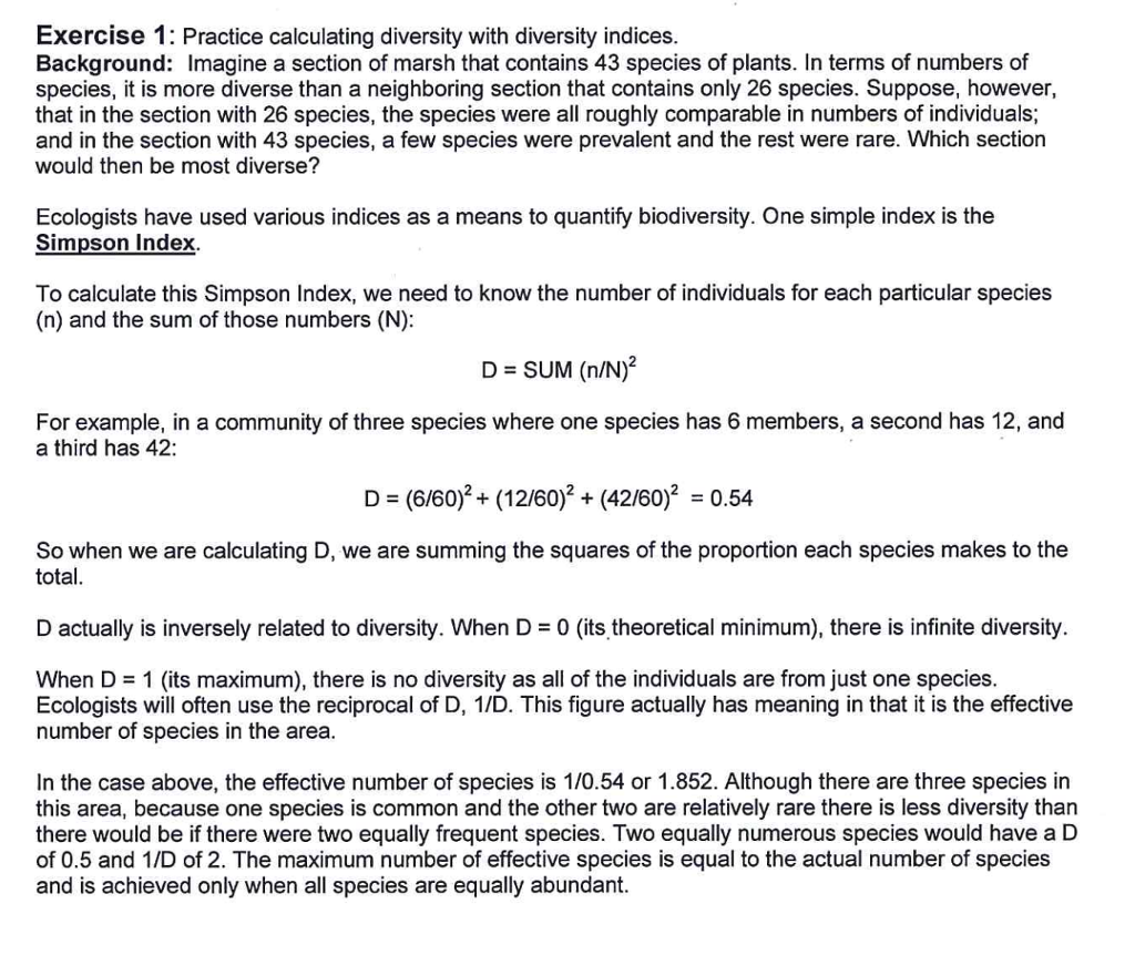 Solved Exercise 1: Practice calculating diversity with | Chegg.com