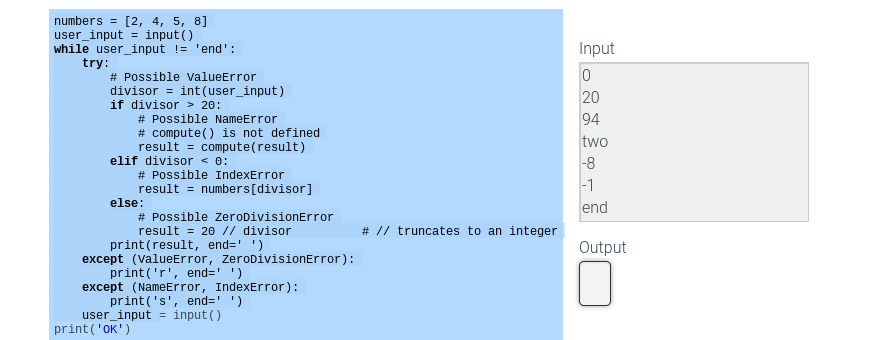 Solved Input 0 20 numbers = [2, 4, 5, 8] user_input = | Chegg.com